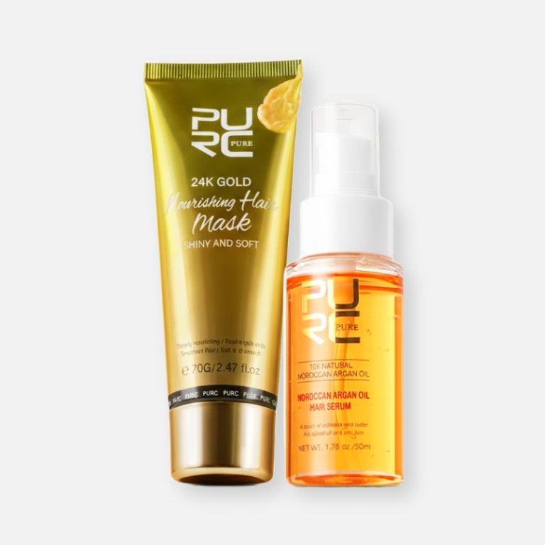 Moroccan Argan Oil Hair Serum & 24K Gold Hair Mask Combo - PURC Organics